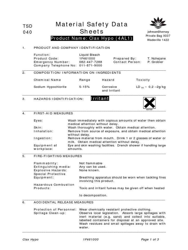 Material Safety Data Sheets: Product Name: Clax Hypo (4AL1) | PDF ...