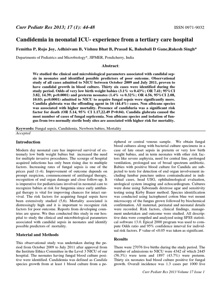 Candidemia in Neonatal ICU - Experience From A Tertiary Care Hospital ...