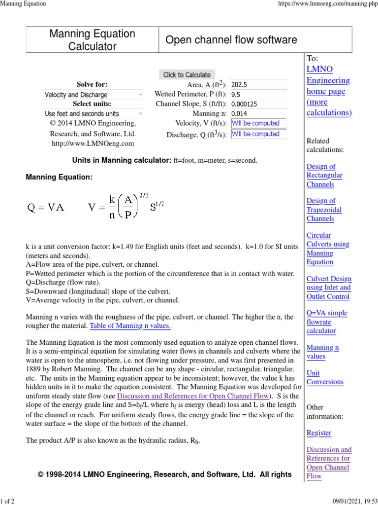 Manning Equation Calculator Open Channel Flow Software: Lmno ...
