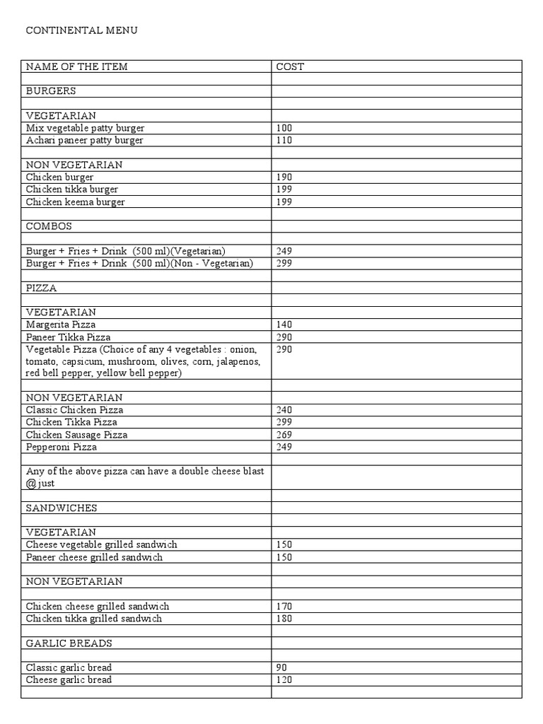 Continental Menu | PDF