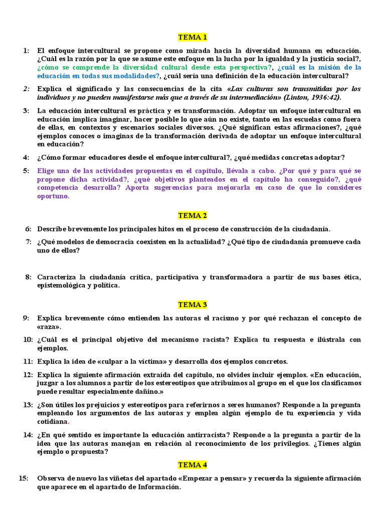 Preguntas Del Final de Cada Tema | PDF | Interculturalidad | Exclusión ...