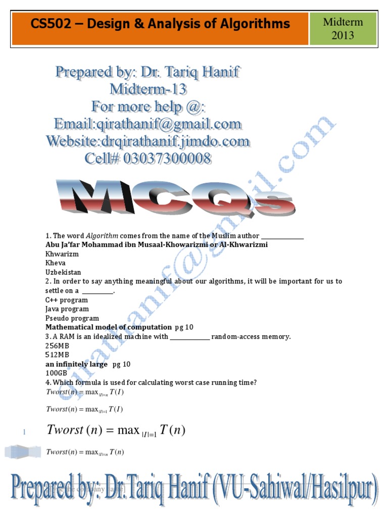 Cs502 Midterm By Dr Tariq Hanif Pdf Time Complexity Dynamic Programming 4159