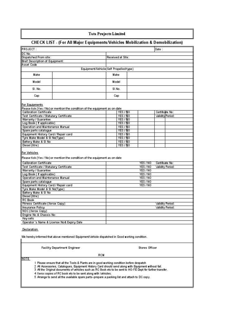 Equipment Mobilization Checklist Guide | PDF | Vehicles | Transport