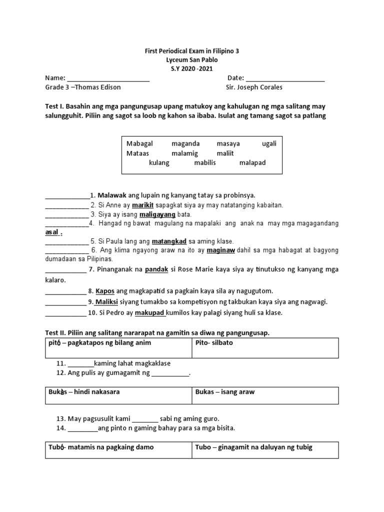 First Periodical Exam in Filipino 3 | PDF