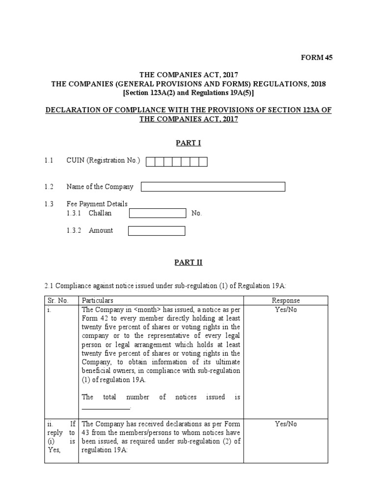 FORM 45 Declaration of Compliance With The Provisions of Section 123A ...