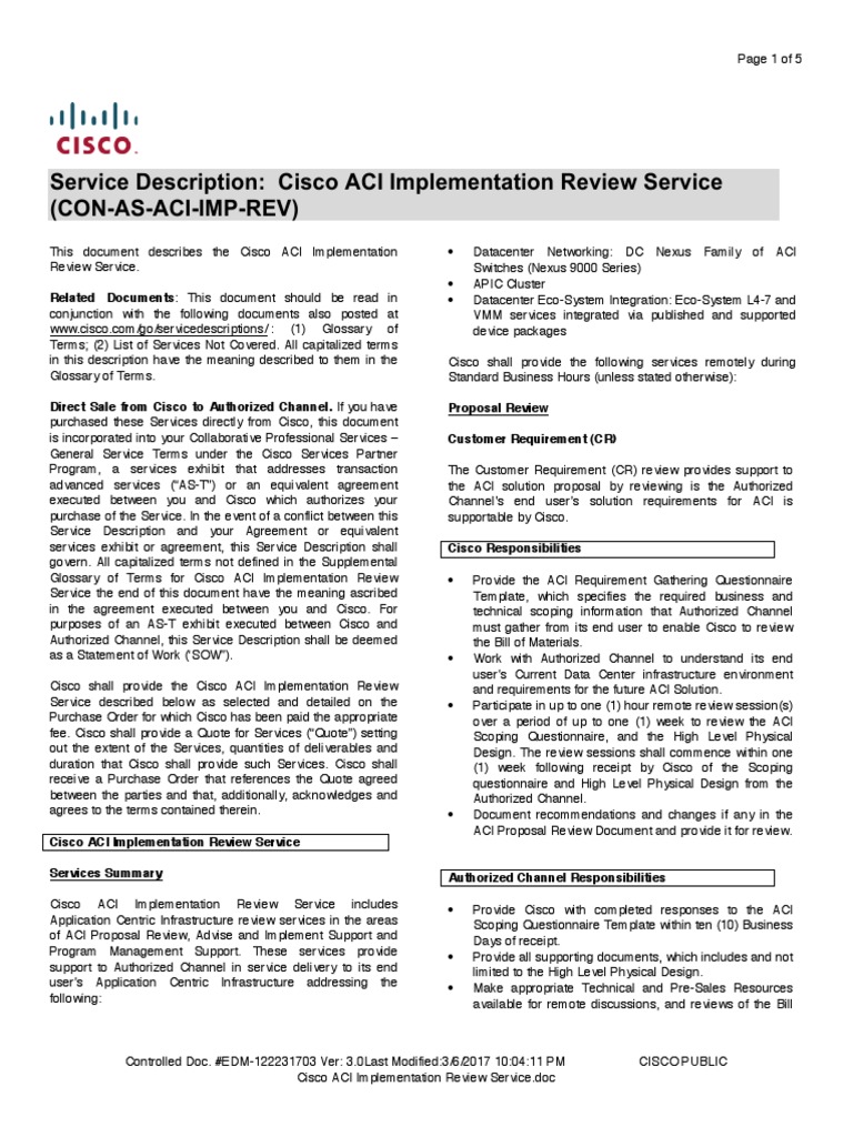 Service Description: Cisco ACI Implementation Review Service (Con-As ...