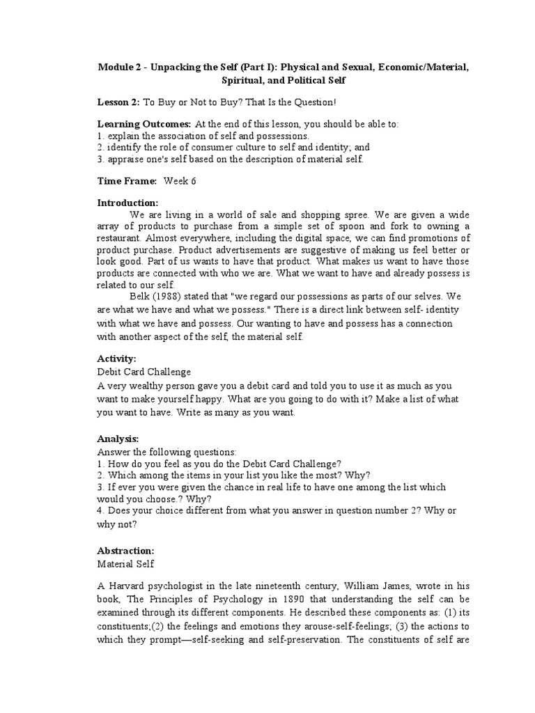 Understanding The Self Module 2 Lesson 2 | PDF | Self | Metaphysics Of Mind Understanding The Self Module 2 Lesson 2 | PDF | Self | Metaphysics Of Mind