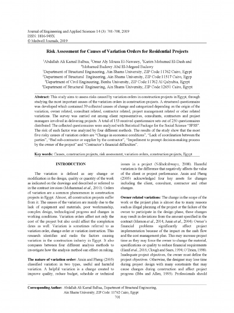 Risk Assessment For Causes of Variation Orders For Residential Projects ...