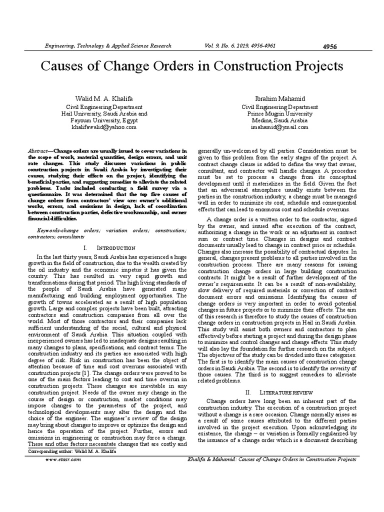 Causes of Change Orders in Construction Projects | PDF | Correlation ...