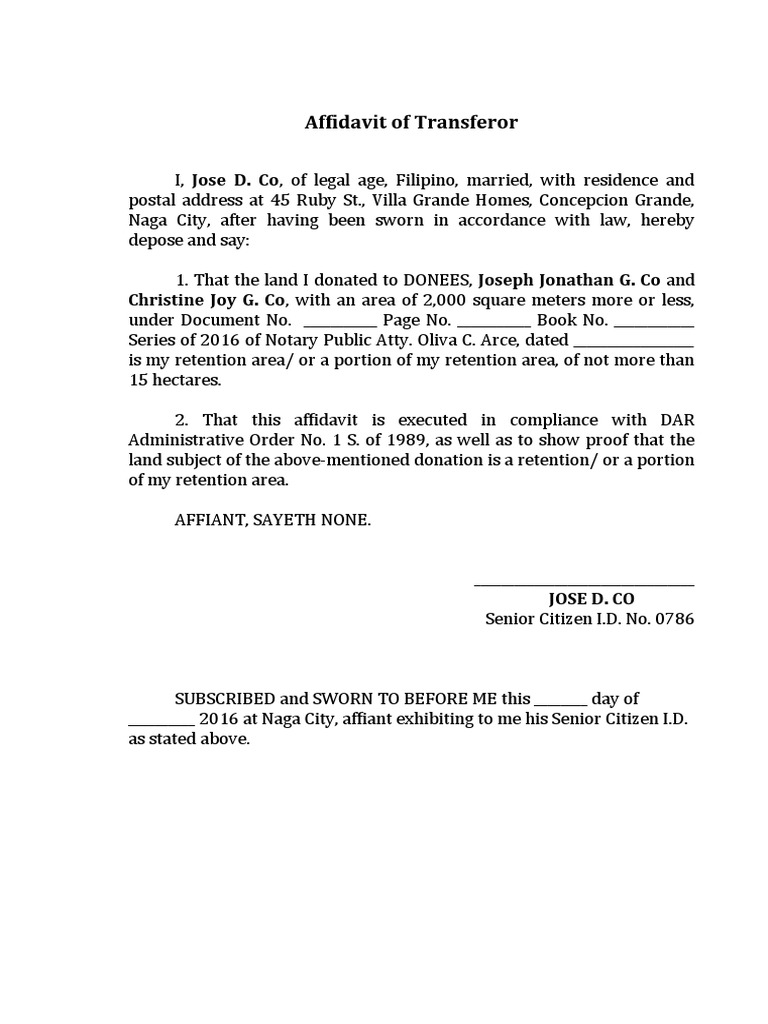 Affidavit of Transferor | PDF