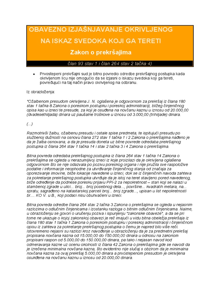 Obavezno Izjašnjavanje Okrivljenog Na Iskaz Svedoka Koji Ga Tereti | PDF