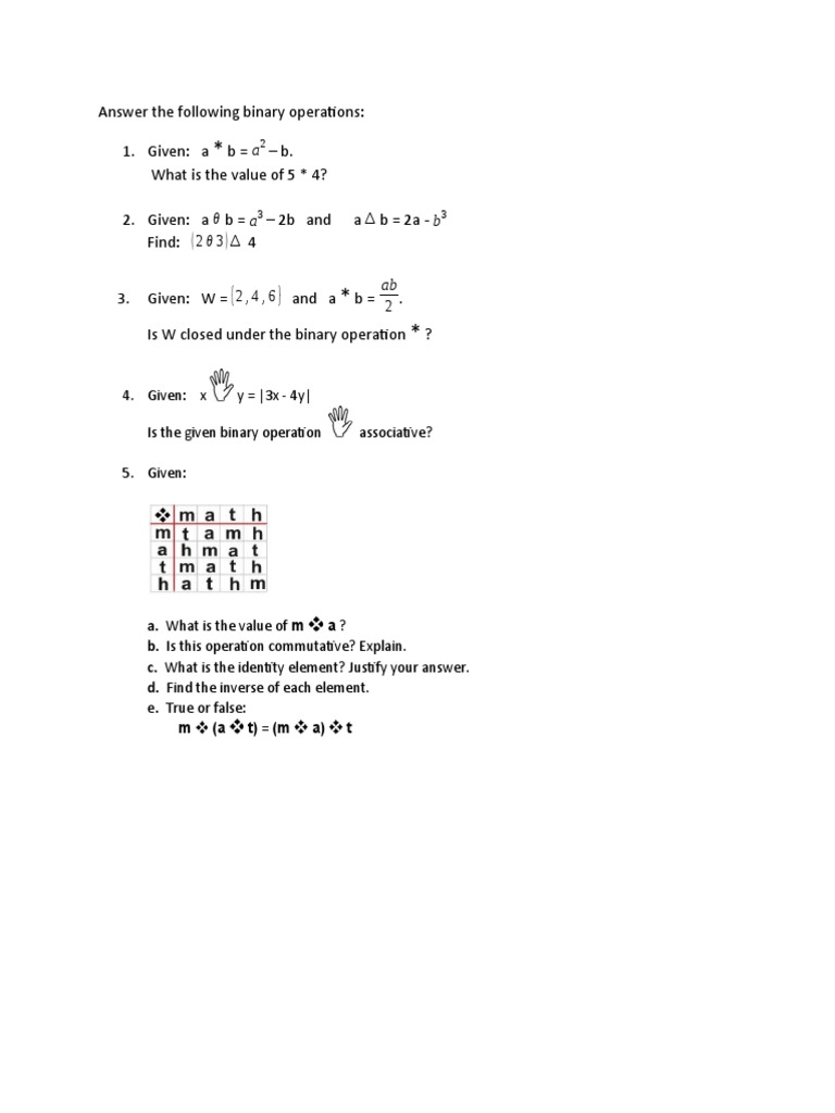 Practice Exercises. Binary Operation | PDF