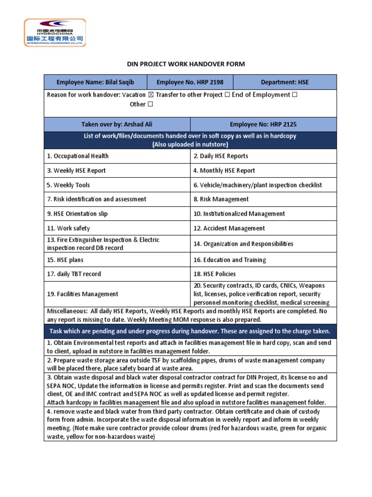 Work Handover Form | PDF | Occupational Safety And Health | Safety