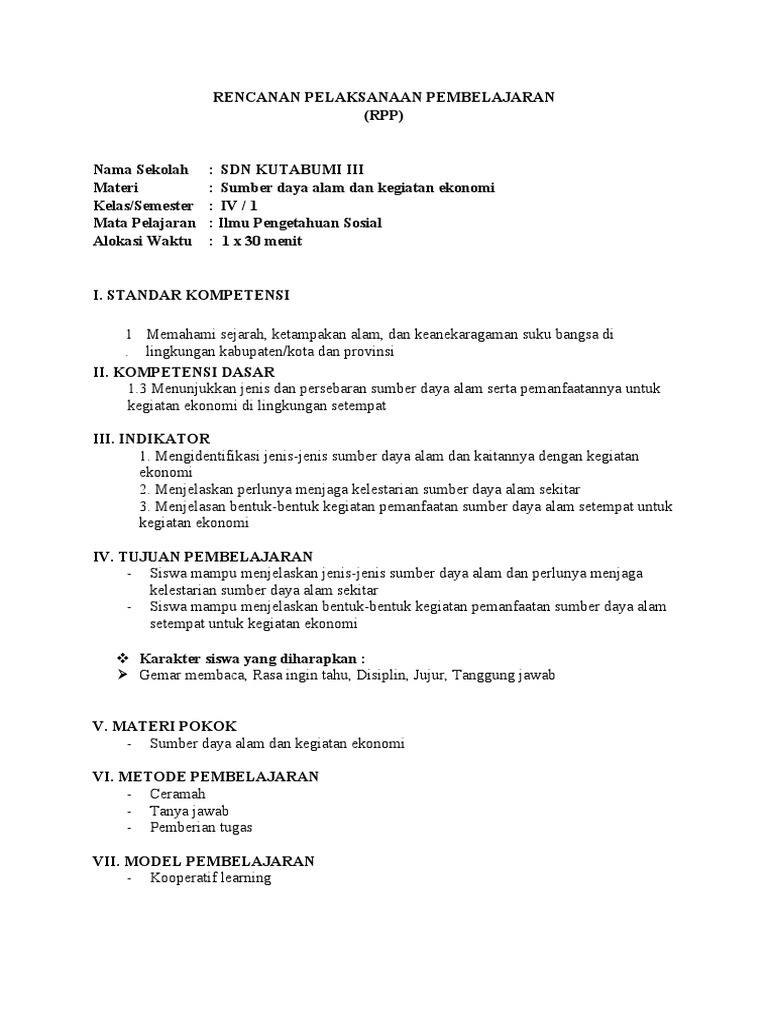 RPP Sumber Daya Alam Kelas IV SD | PDF