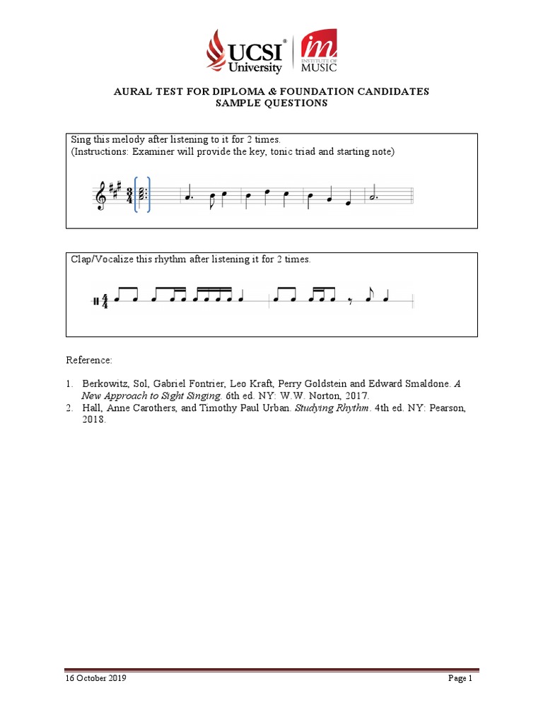 Audition Aural Test - Diploma and Foundation - Sample Questions | PDF