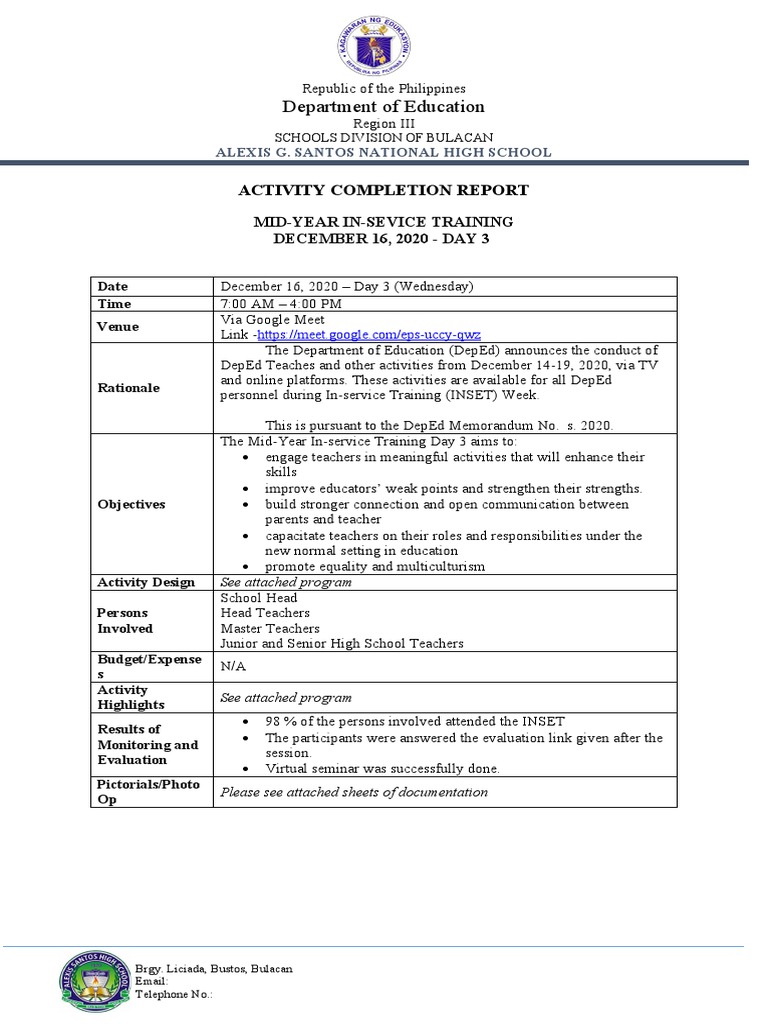 Department of Education: Activity Completion Report | PDF | Human ...