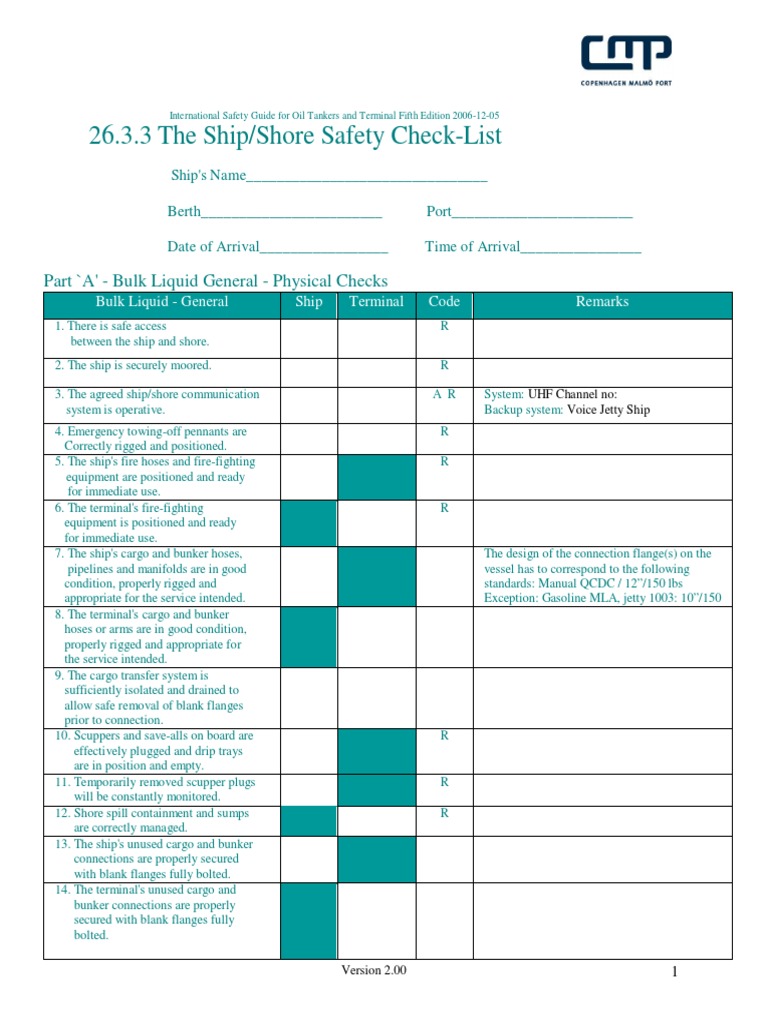 Ship Shore Safety Checklist-Tankers | PDF | Oil Tanker | Ships