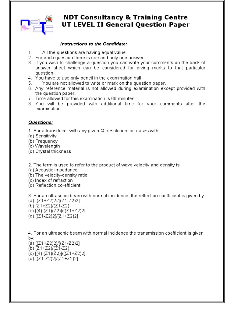 NDT Consultancy & Training Centre UT LEVEL II General Question Paper | PDF | Ultrasound | Waves