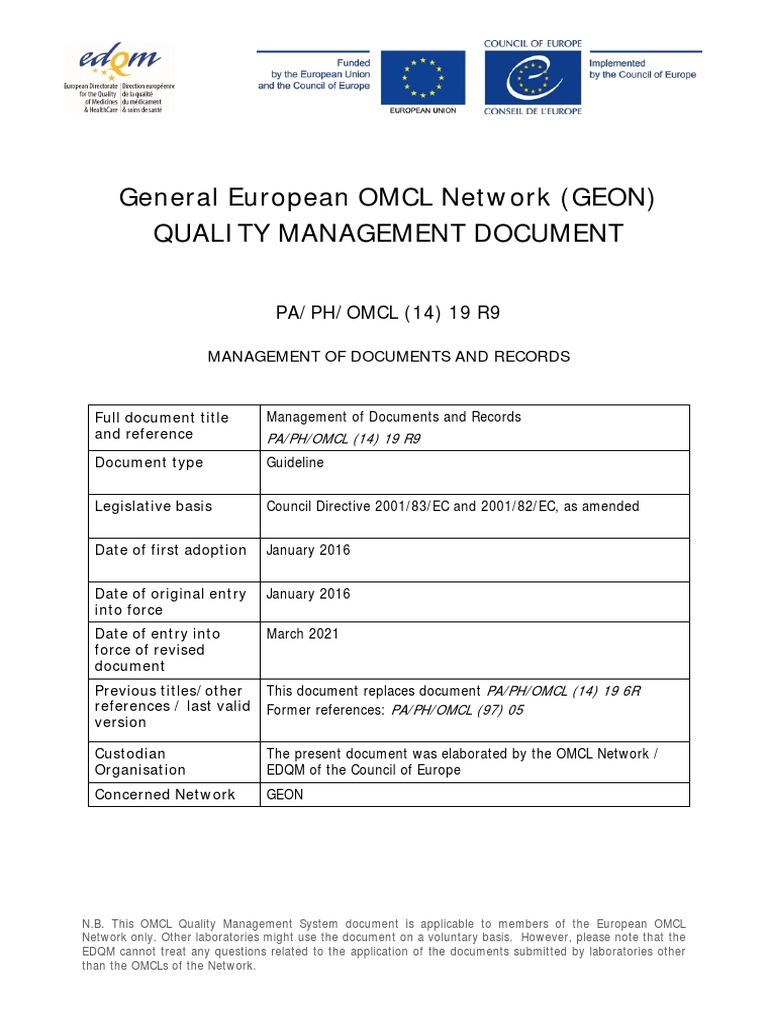 Omcl Quality Management Guideline On Management of Documents and ...