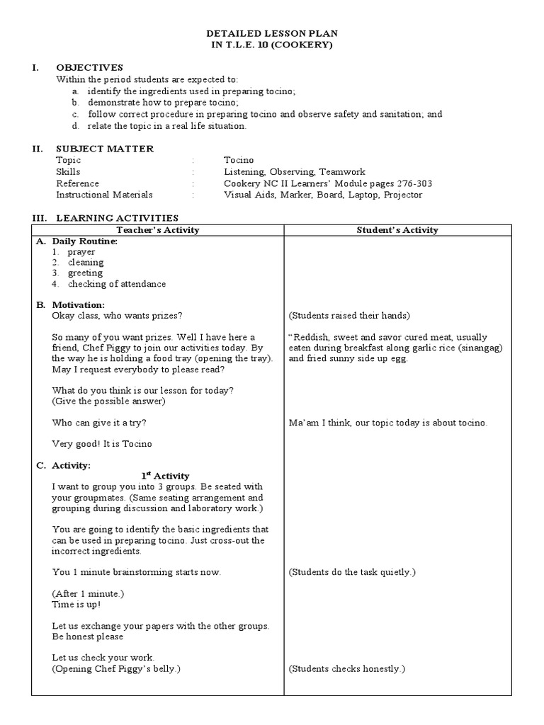 Detailed Lesson Plan in T.L.E. 10 (Cookery) I. Objectives | PDF ...