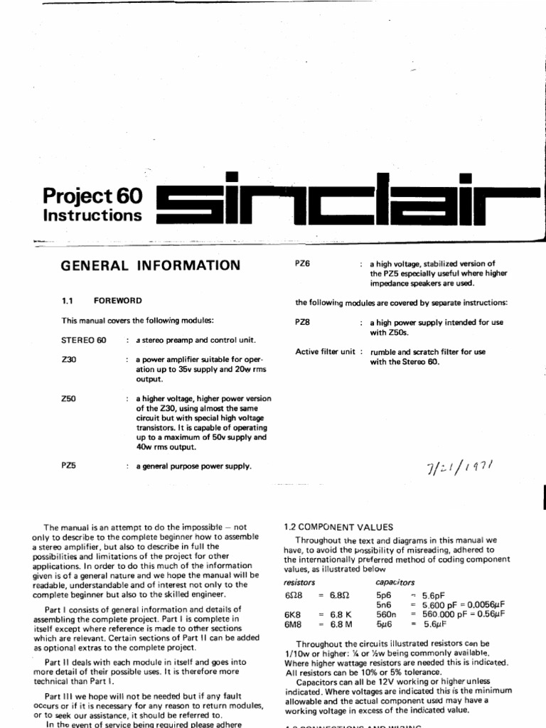 Sinclair Project 60 Audio Amplifier Circuit 20W RMS | PDF
