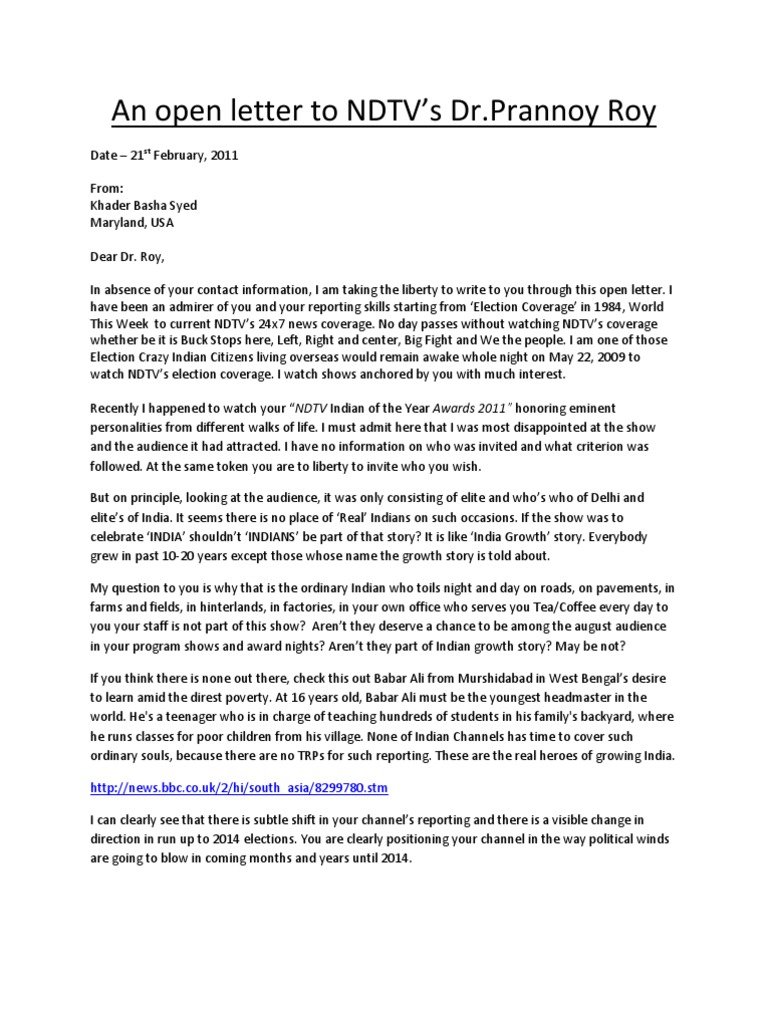 Open Letter to Dr. Prannoy Roy on NDTV | PDF | News