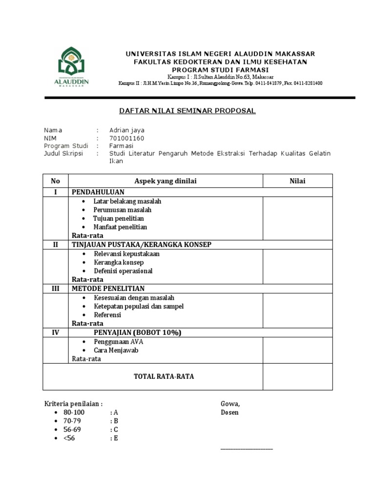 Daftar Nilai Seminar Proposal | PDF | Pengembangan Diri | Sains & Matematika