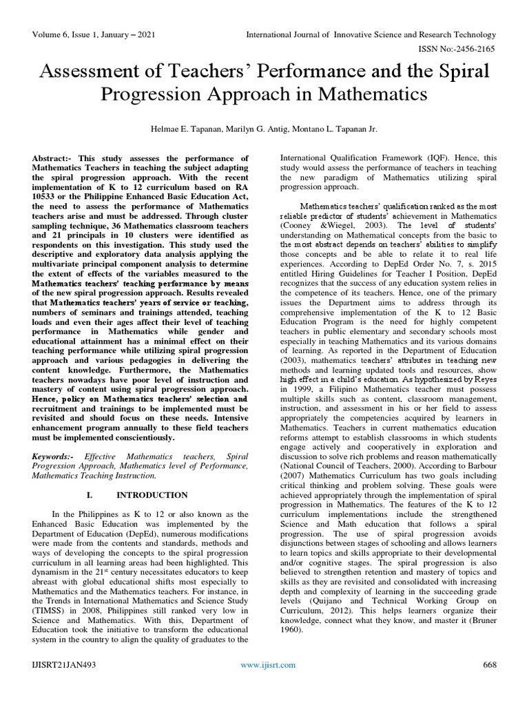 Assessment of Teachers' Performance and The Spiral Progression Approach ...
