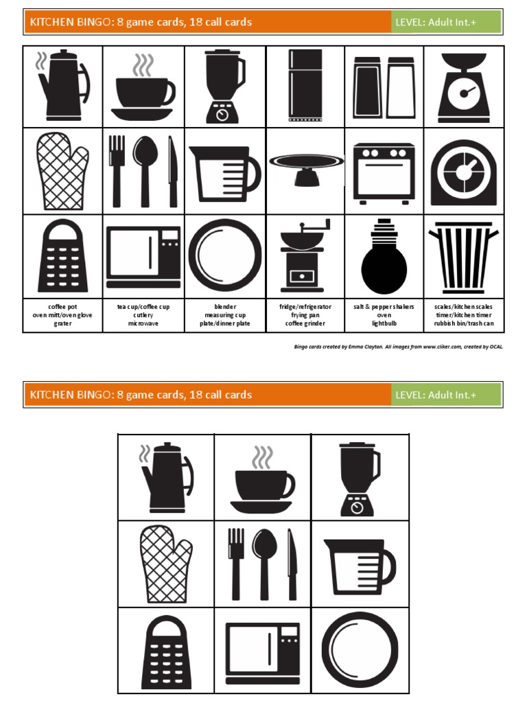 KITCHEN BINGO: 8 Game Cards, 18 Call Cards: LEVEL: Adult Int.+ | PDF ...
