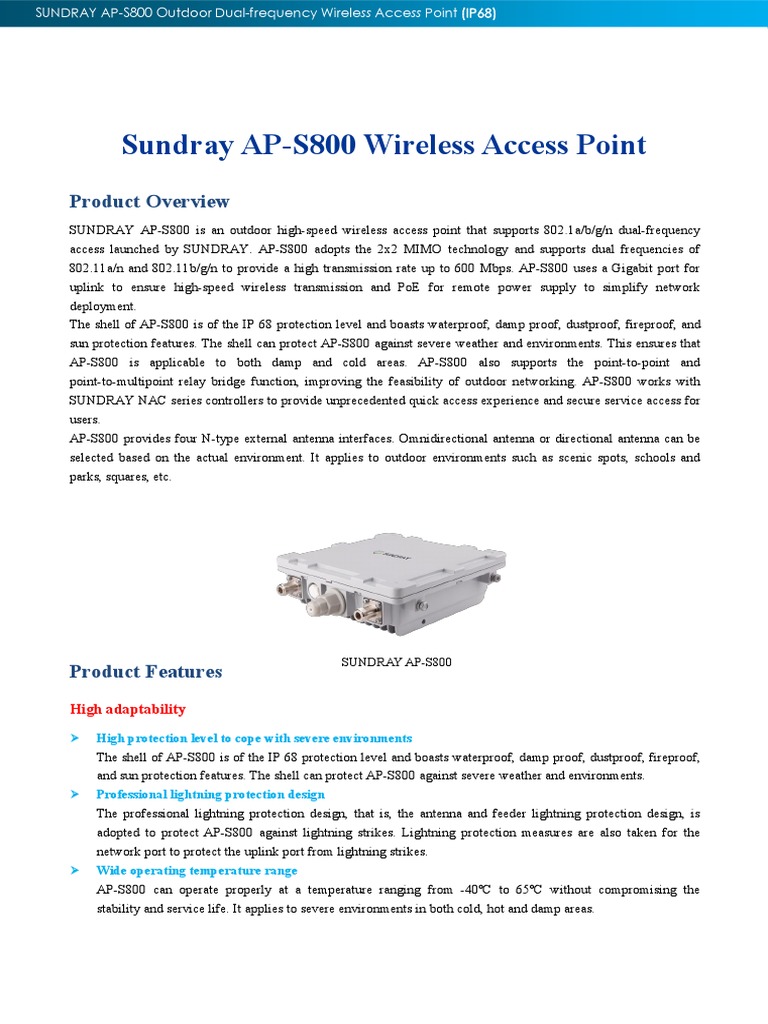 Sundray AP-S800 Wireless Access Point: Product Overview | PDF ...