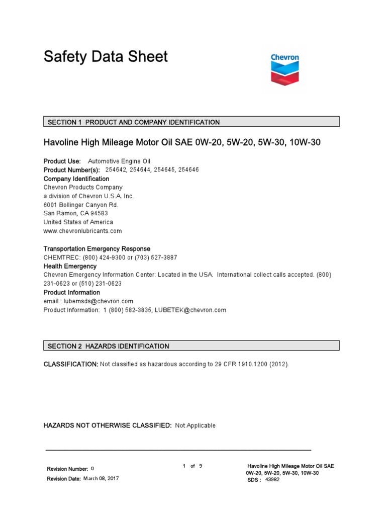 Safety Data Sheet: Havoline High Mileage Motor Oil SAE 0W-20, 5W-20, 5W ...