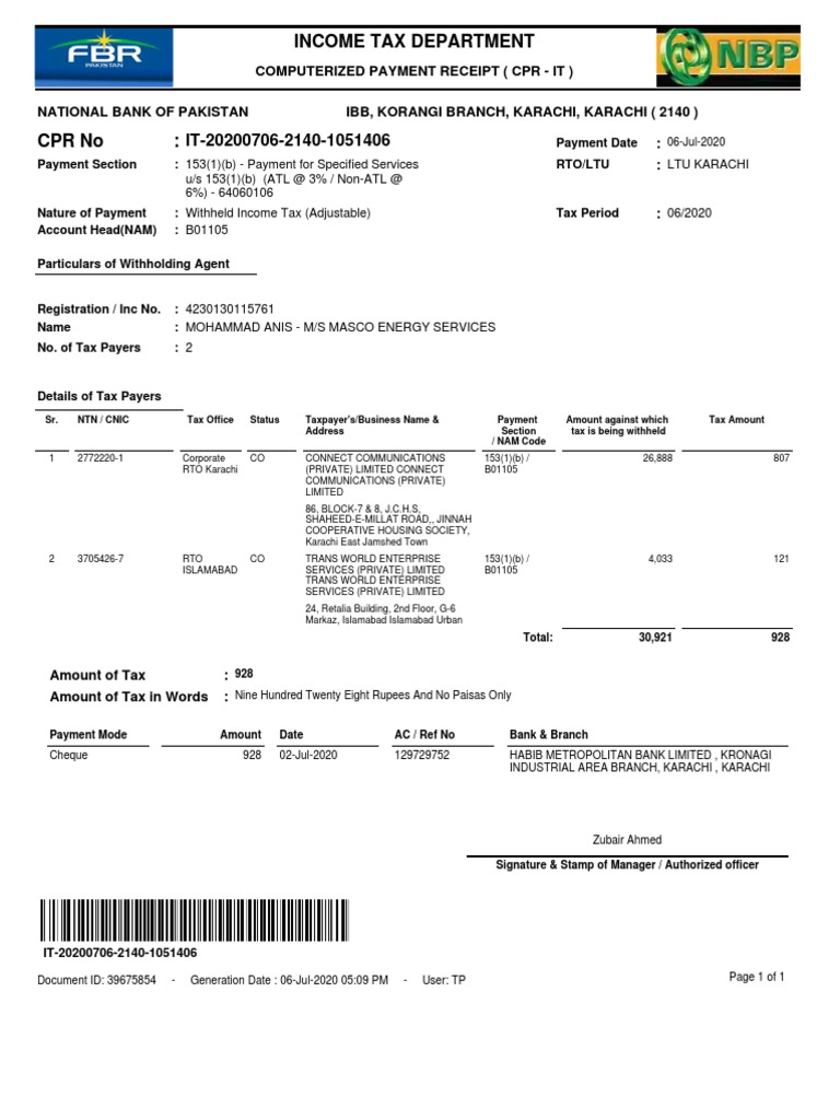 Income tax payment receipt details | PDF | Withholding Tax | Payments