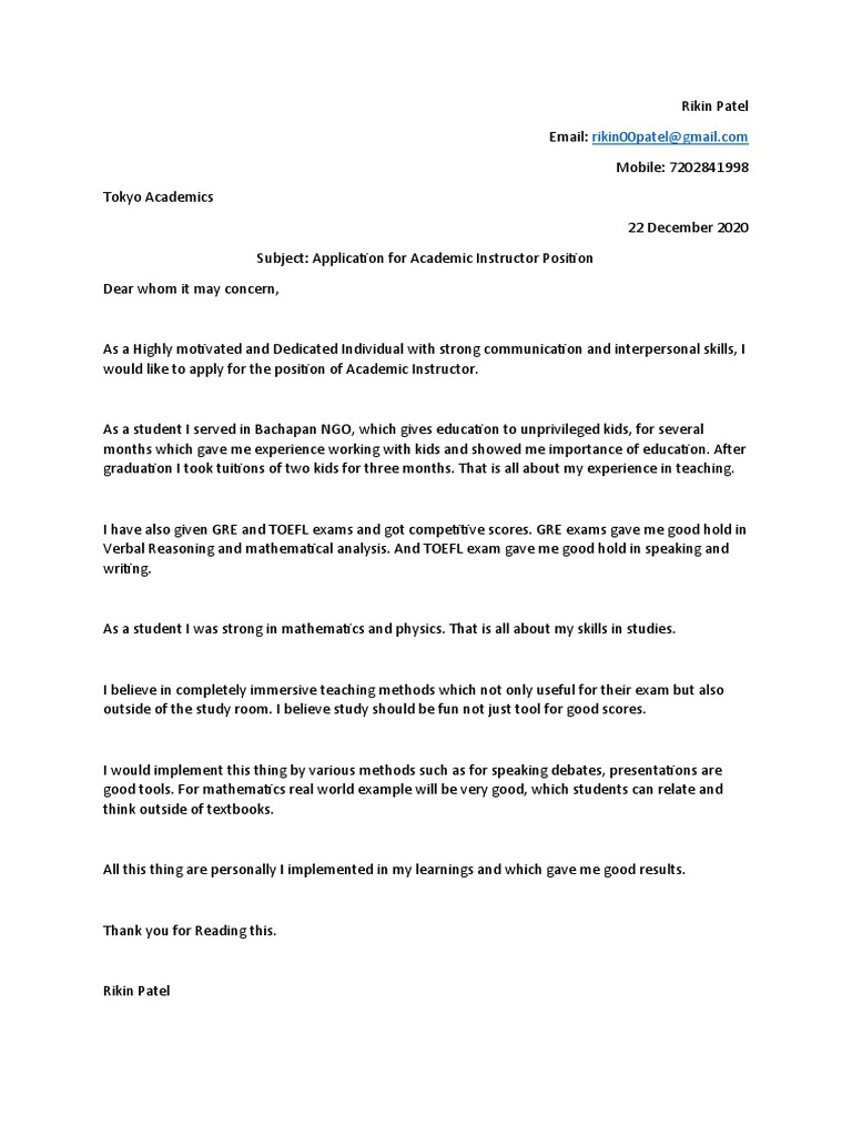 Cover Letter Tokyo Academics | PDF