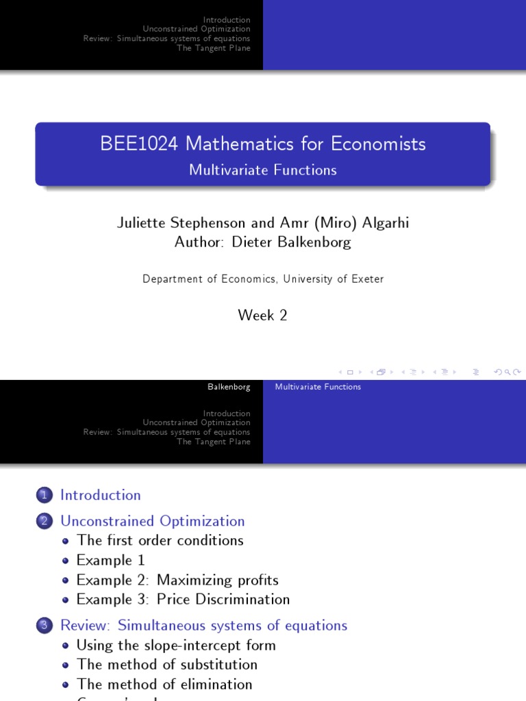 Mathematical Economics Week 2 | PDF | Mathematical Optimization | Equations