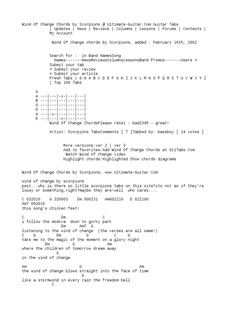Wind of Change Chords by Scorpions at Ultimate-Guitar - Com | PDF ...