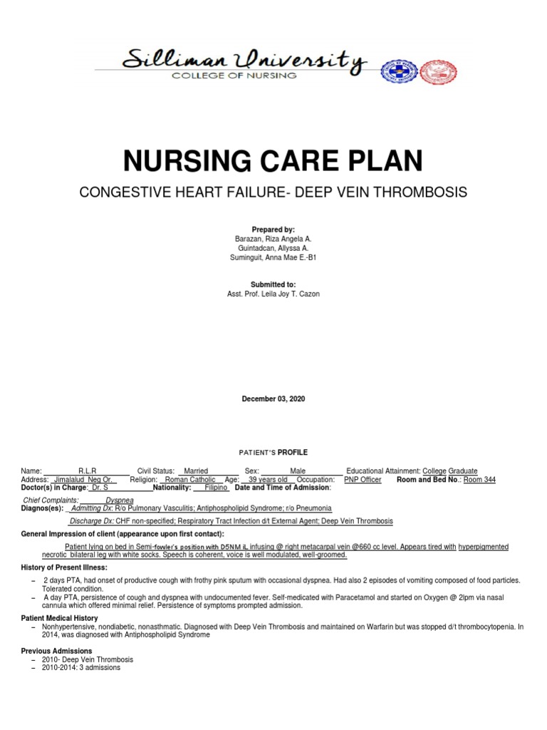 Nursing Care Plan: Congestive Heart Failure-Deep Vein Thrombosis | PDF ...