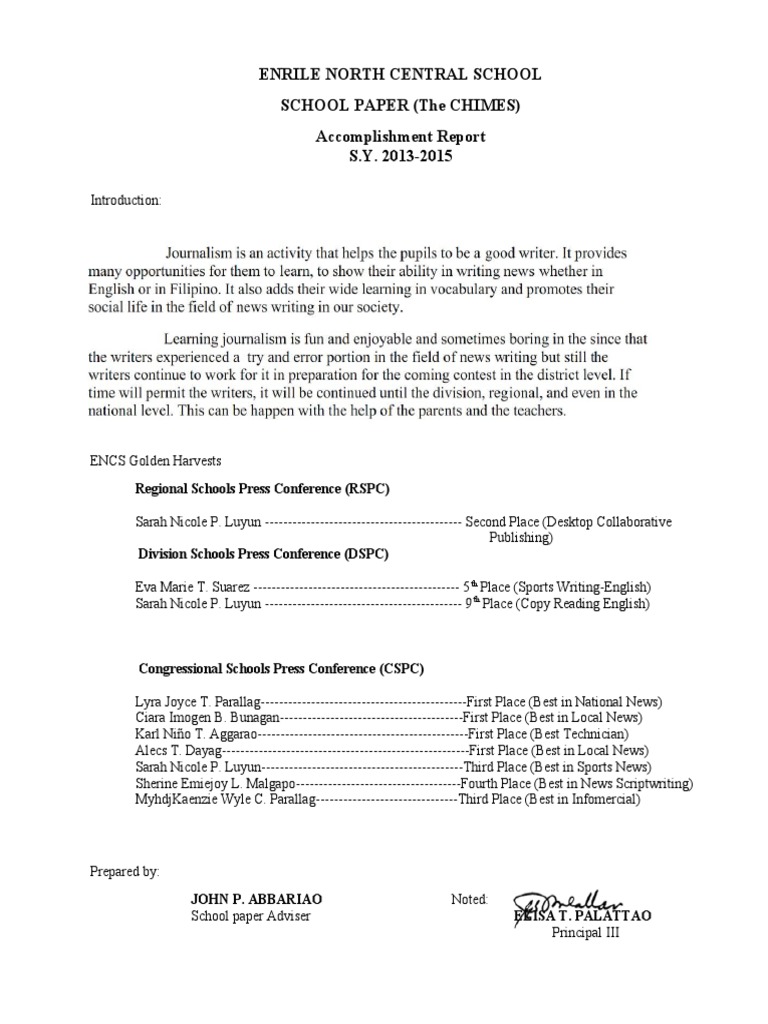 Accomplishment Report School Paper | PDF