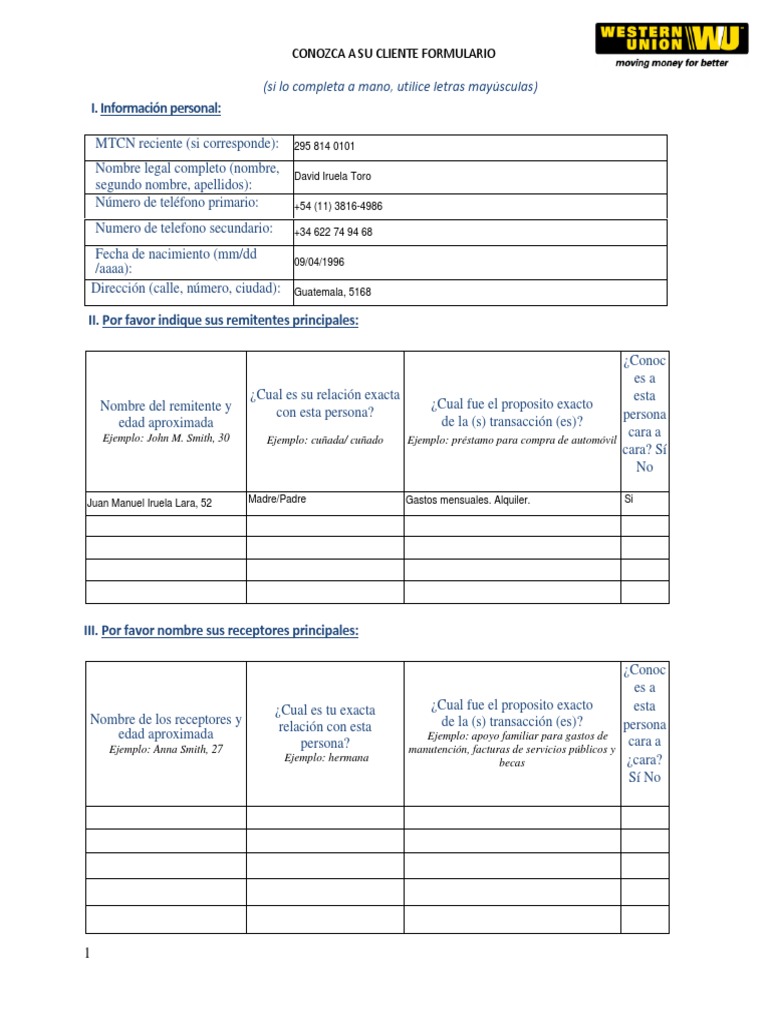 Know Your Customer Form (Spanish) | PDF | Western Union | Empresas