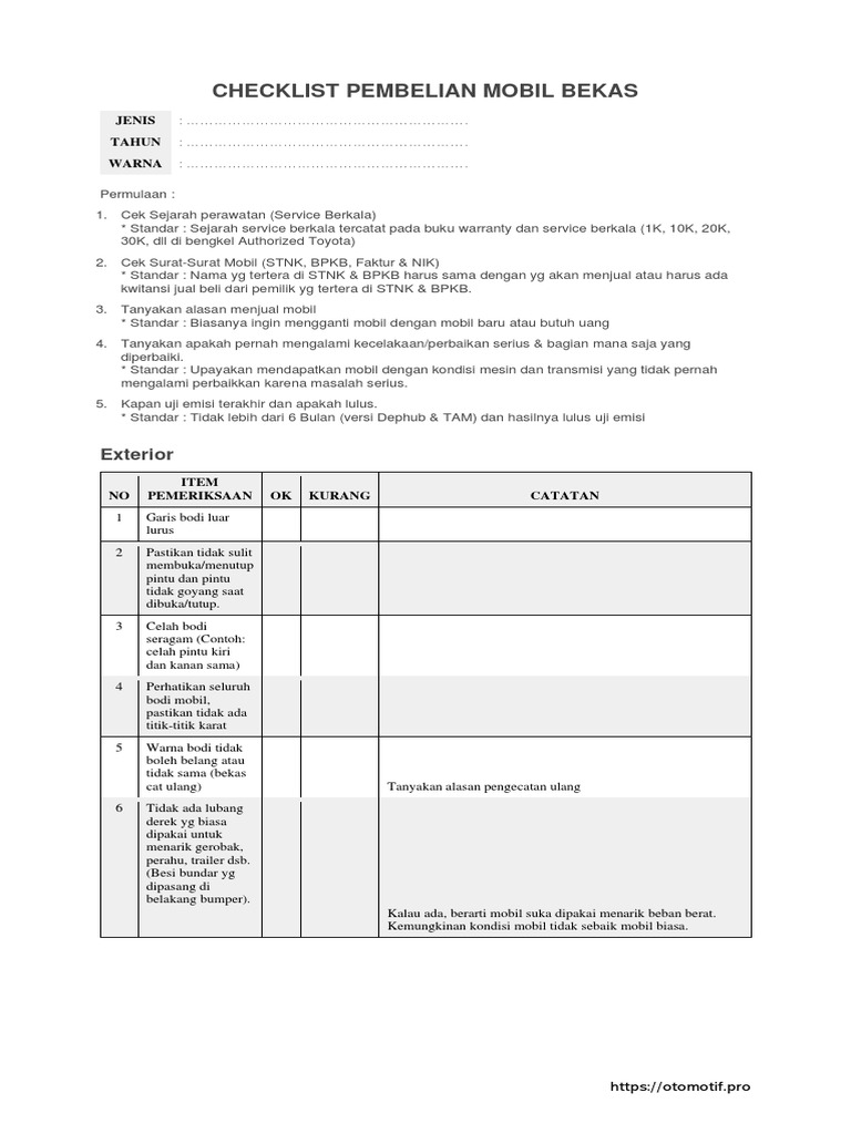 Checklist Pembelian Mobil Bekas | PDF
