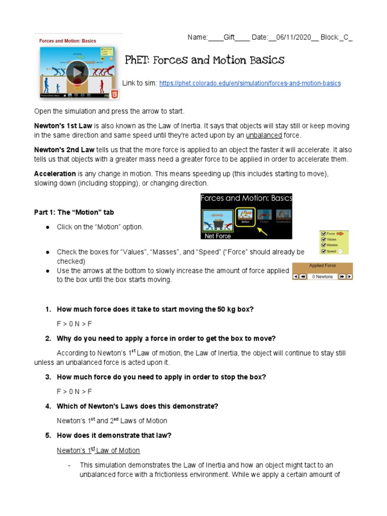 Physics 11 Phet Forces Motion | PDF | Newton's Laws Of Motion | Force
