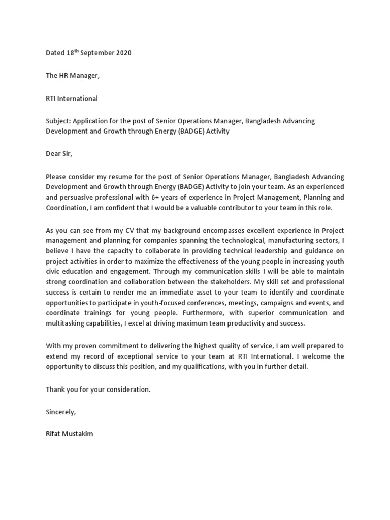 Cover Letter RTI International | PDF