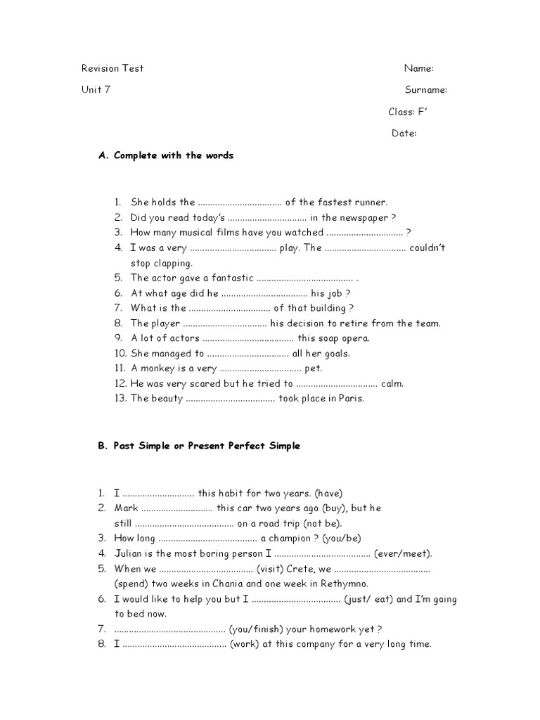Αγγλικά Στ τάξη Revision Test Unit 7 Pdf