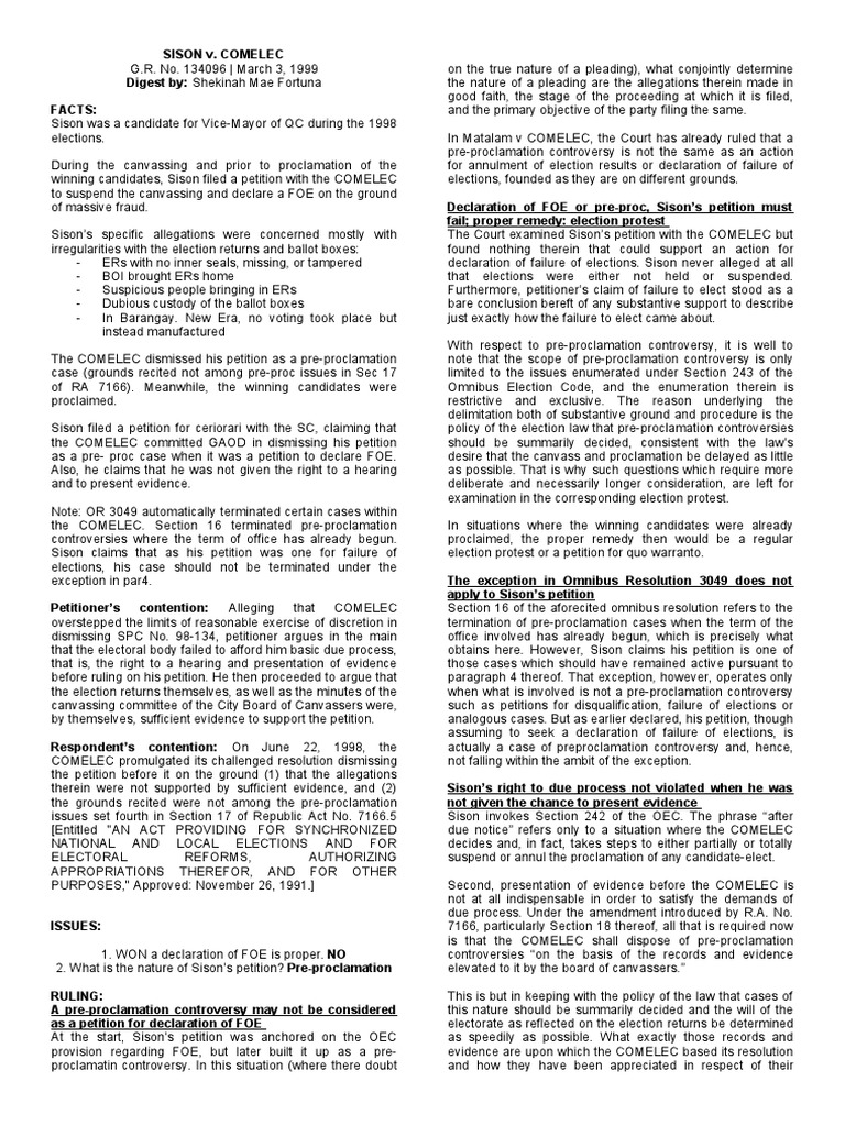 Sison V Comelec | PDF | Evidence | Due Process