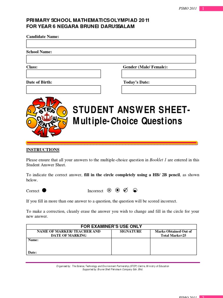 Psmo 2011 - Student Answer Sheet | PDF | Multiple Choice | Question