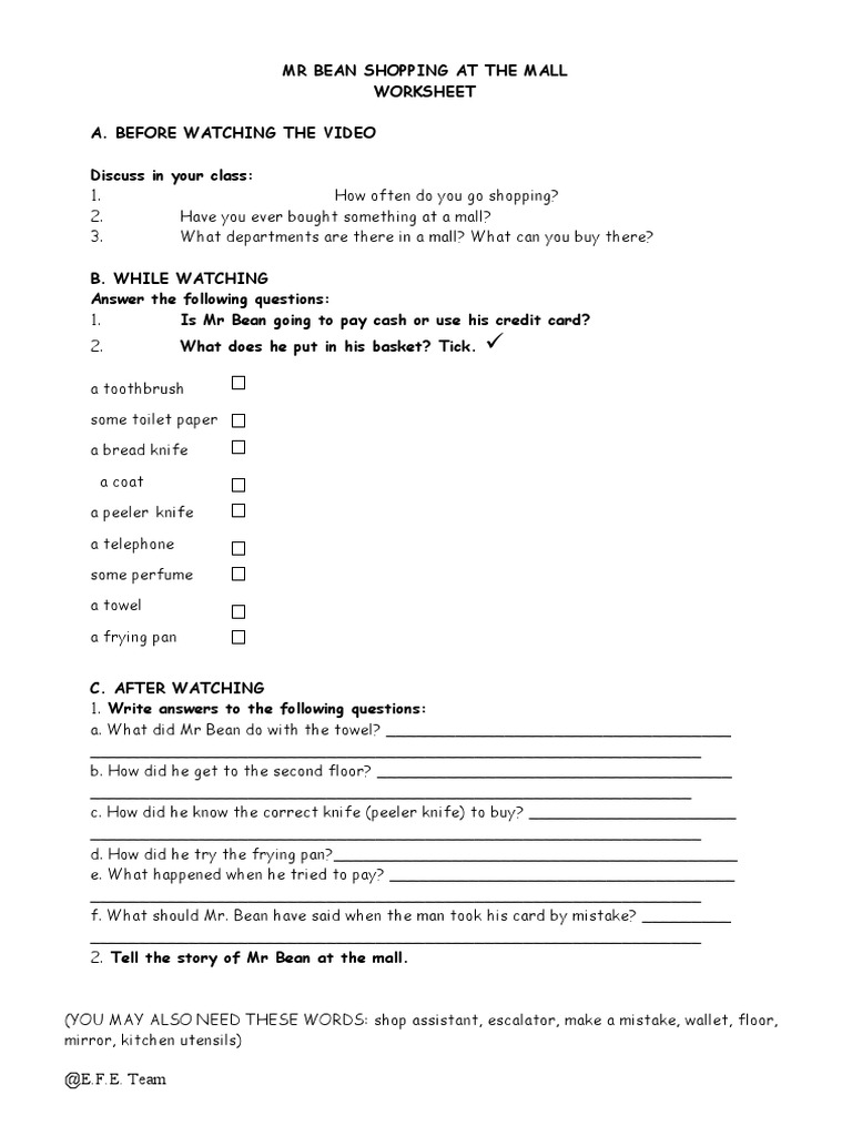 MR Bean Shopping at The Mall Worksheet A. Before Watching The Video ...