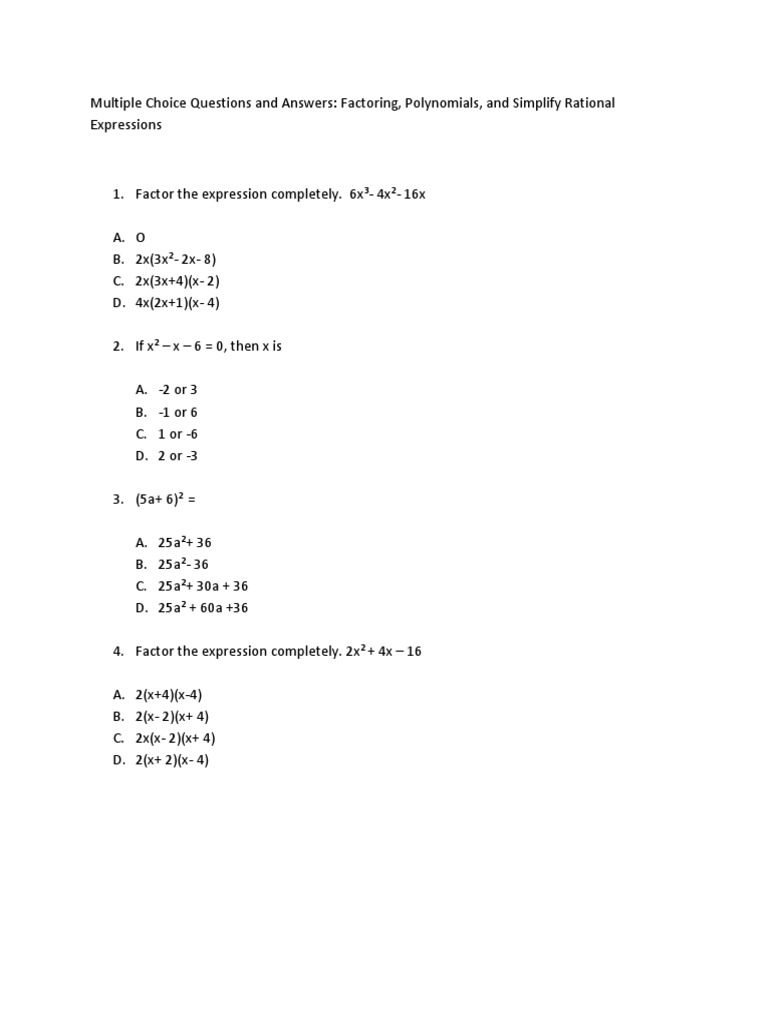 Multiple Choice QA Polynomials Factoring Simplify Rational Expressions ...