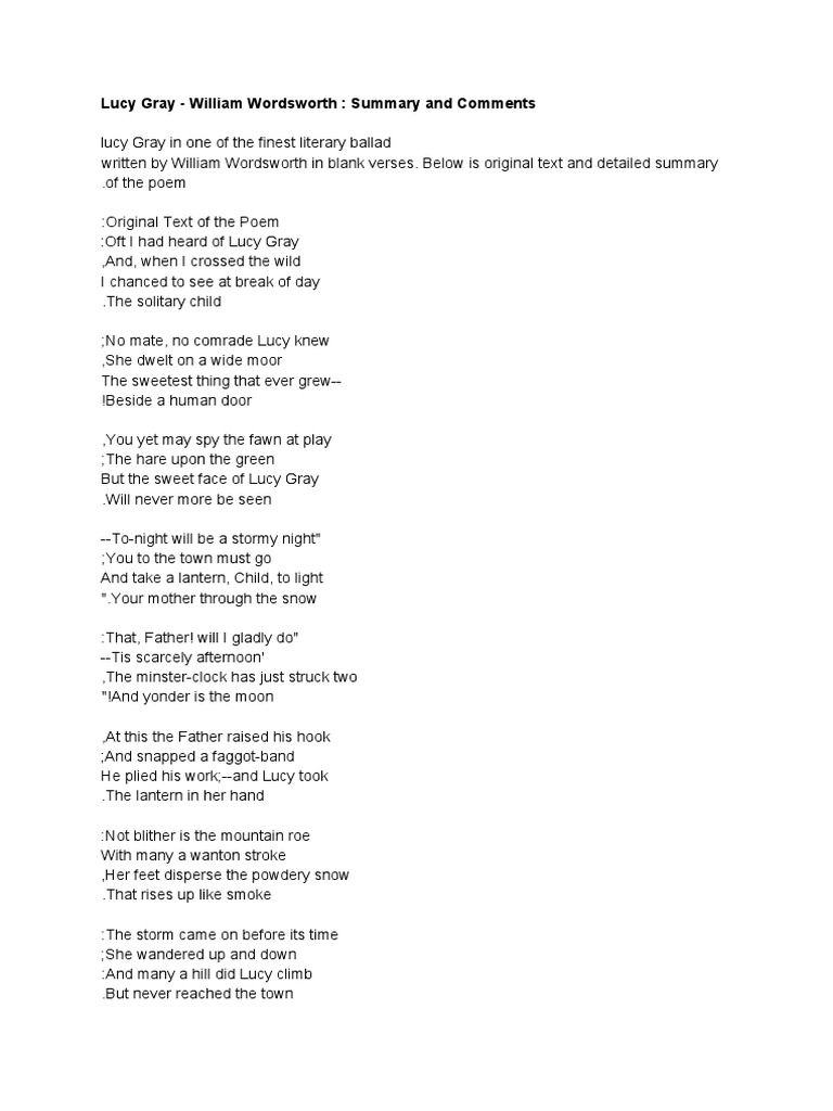 Lucy Gray - William Wordsworth - Summary and Comments | PDF | Poetry