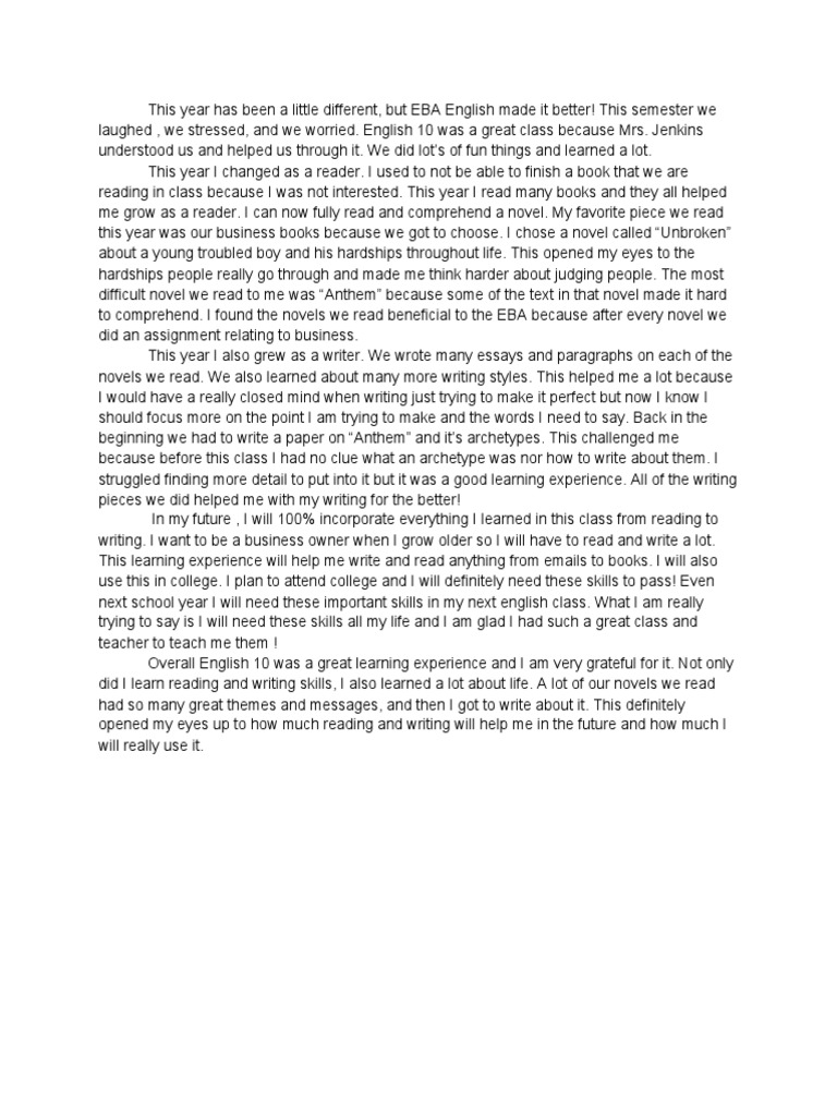 Eba English Reflecton Letter | PDF | Learning | Books