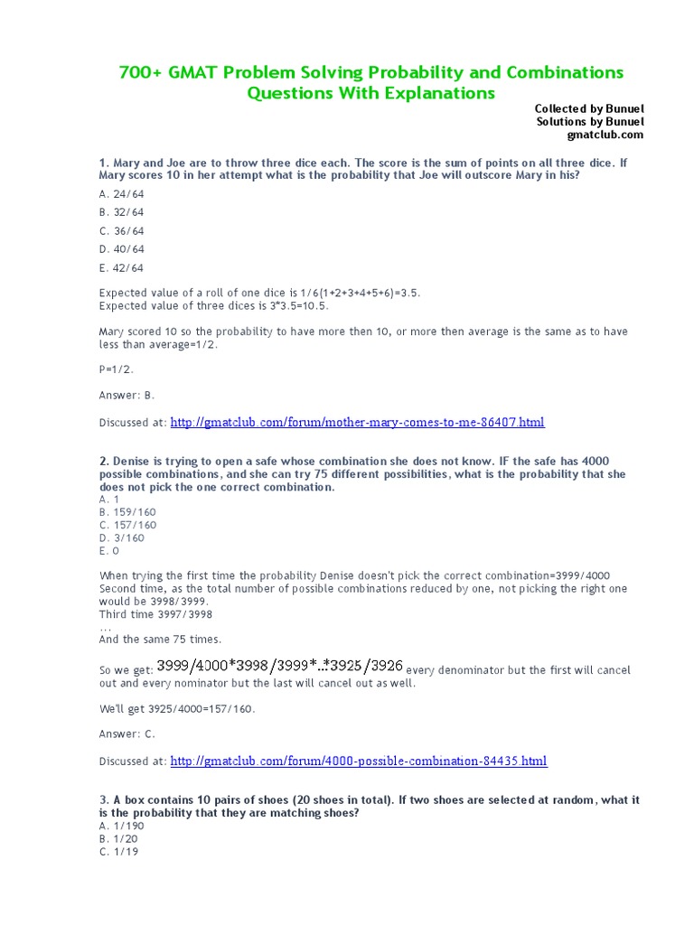 700+ GMAT Problem Solving Probability and Combinations Questions With ...