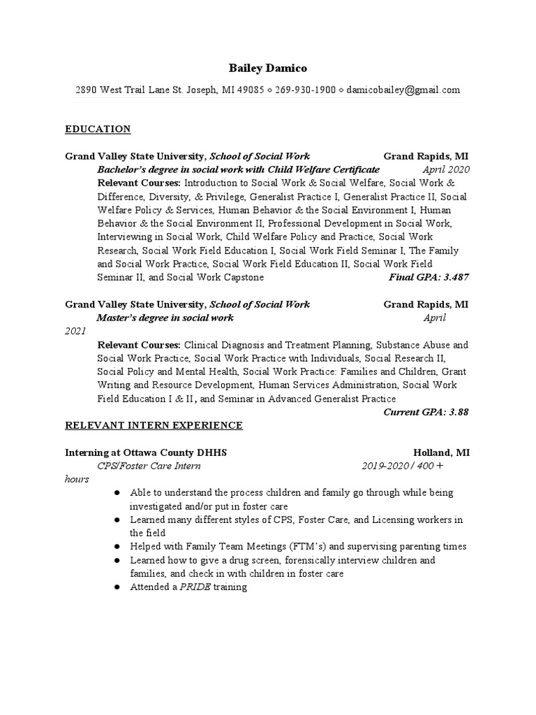 Resume 01 26 2021 | PDF | Child Protective Services | Social Work